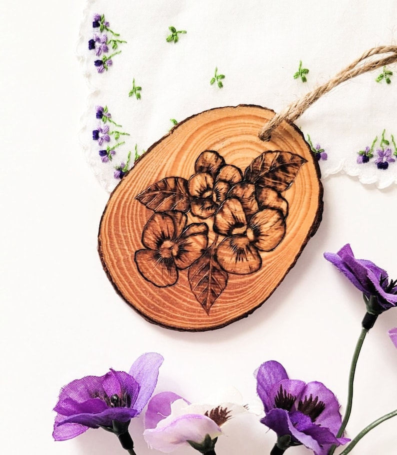 Woodburned Violets, Pyrography Ornament, Floral Wood Slab Ornament ...