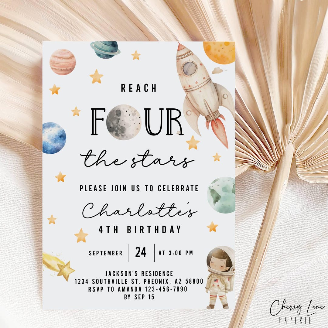 Reach Four the Stars Space Birthday Invitation, Planets Galaxy Outer ...