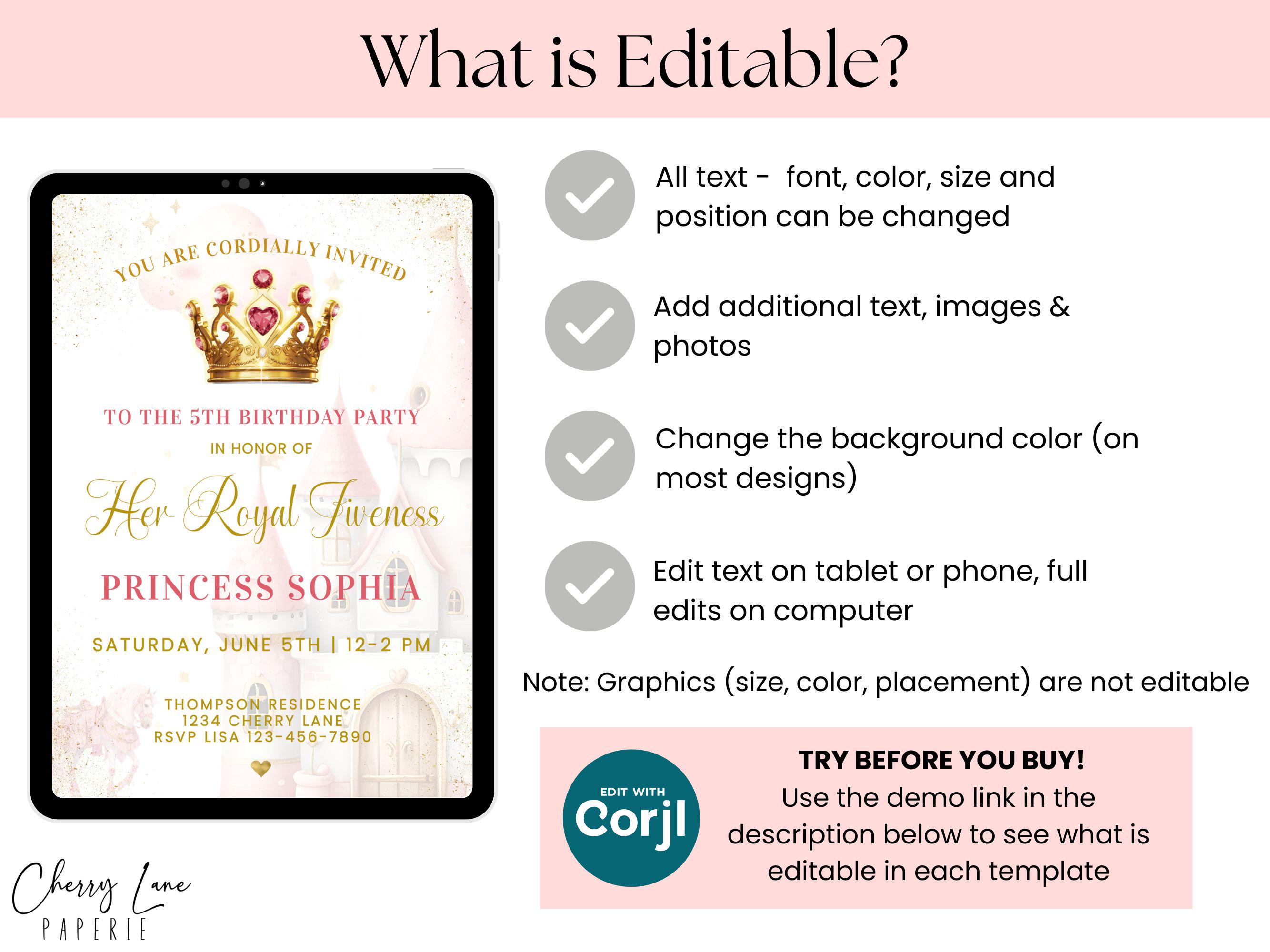 Her Royal Fiveness Princess Birthday Invite, 5th Birthday Princess ...