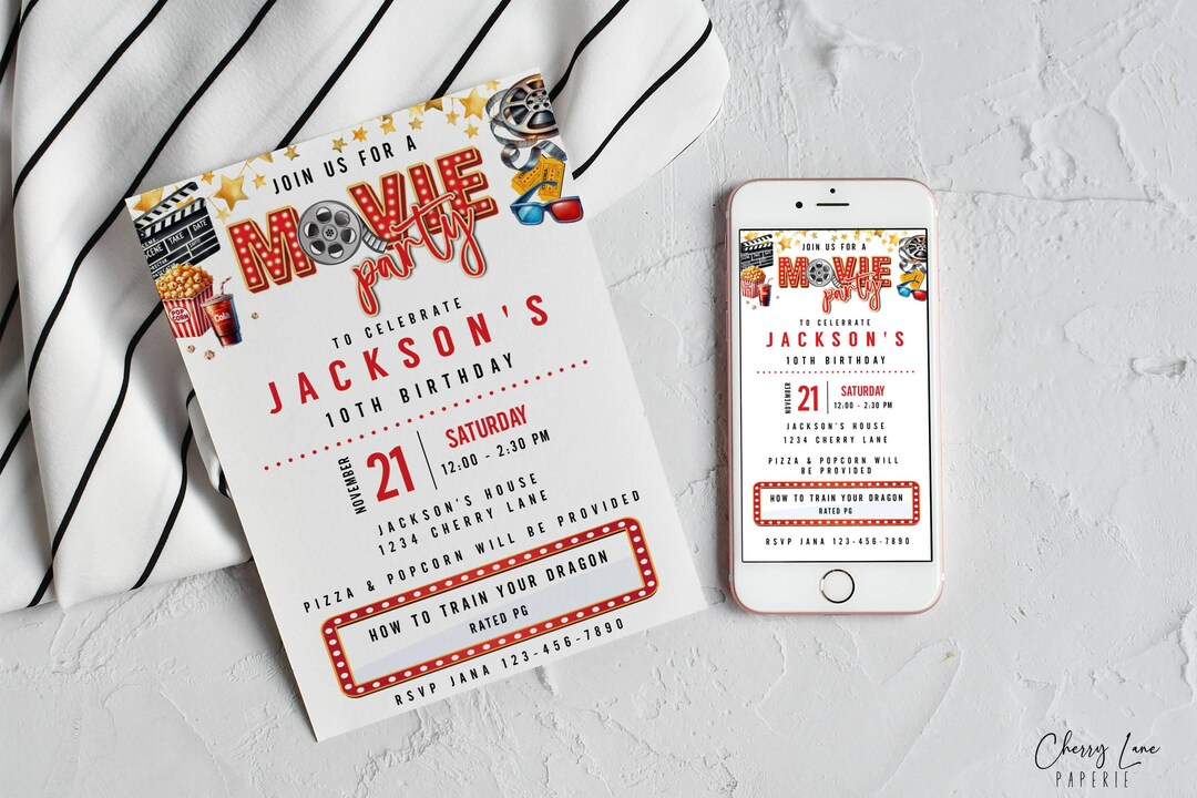 Movie Birthday Invitation, Cinema Birthday, Movie Party Theme Template ...
