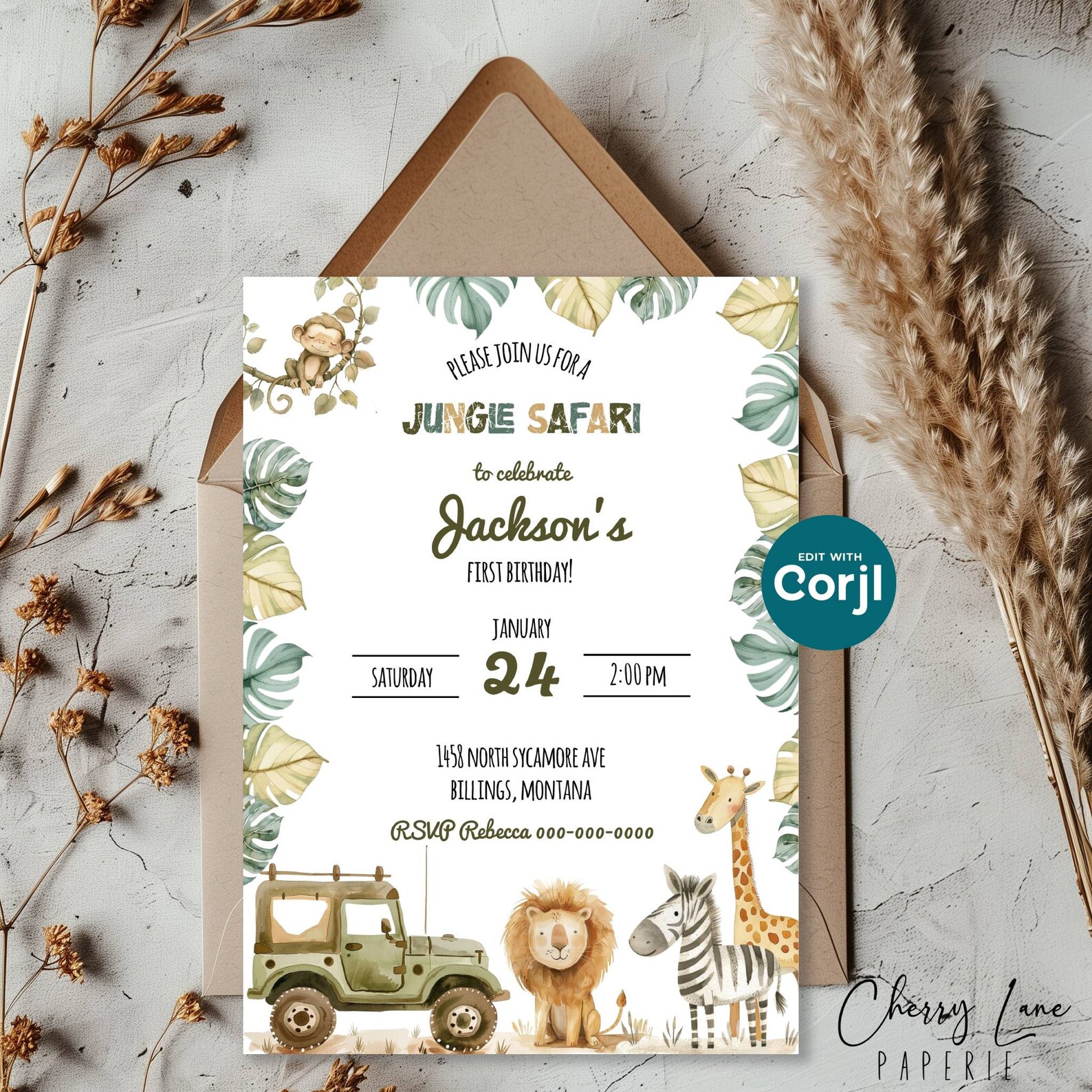 Editable Jungle Safari Boy Birthday Invitation, EDITABLE Safari Animals ...