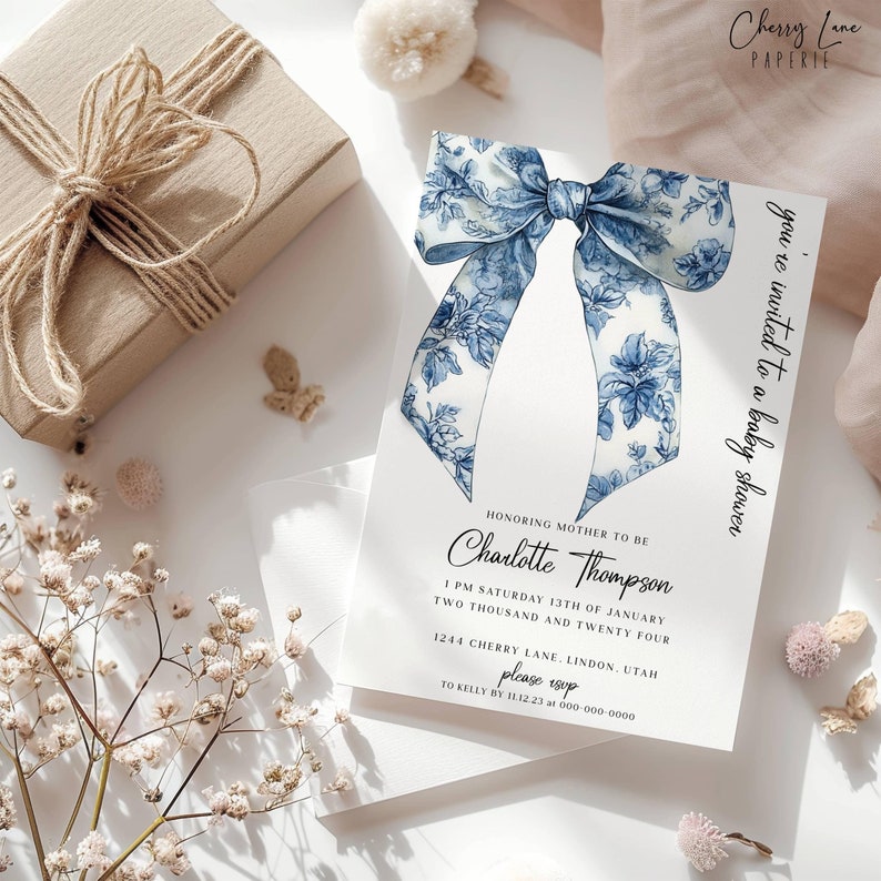 Blue Toile De Jouy Baby Shower Invitation Template, Vintage Floral ...