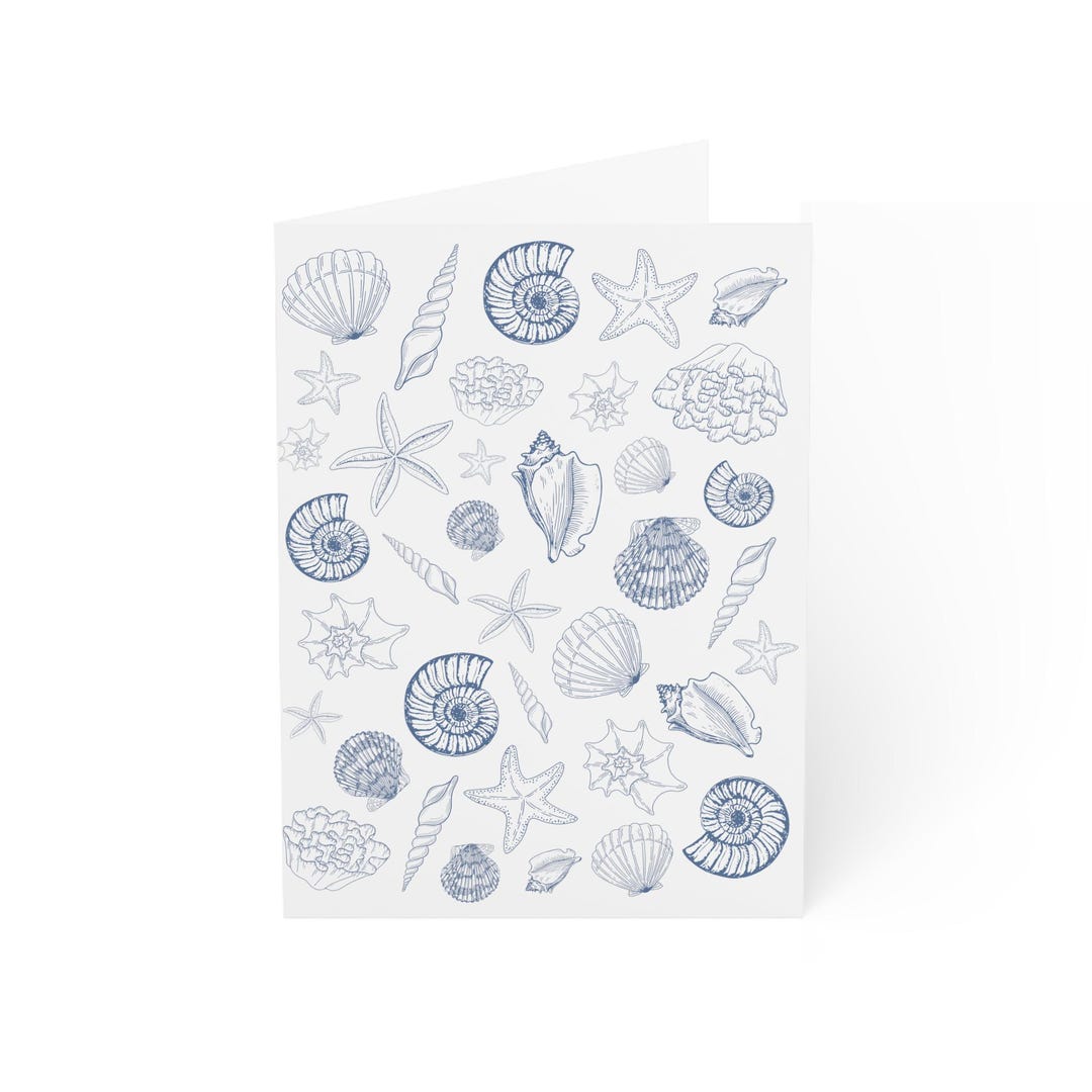Blank Blue Seashell Greeting Cards Blue and White Coastal Pattern Cards ...
