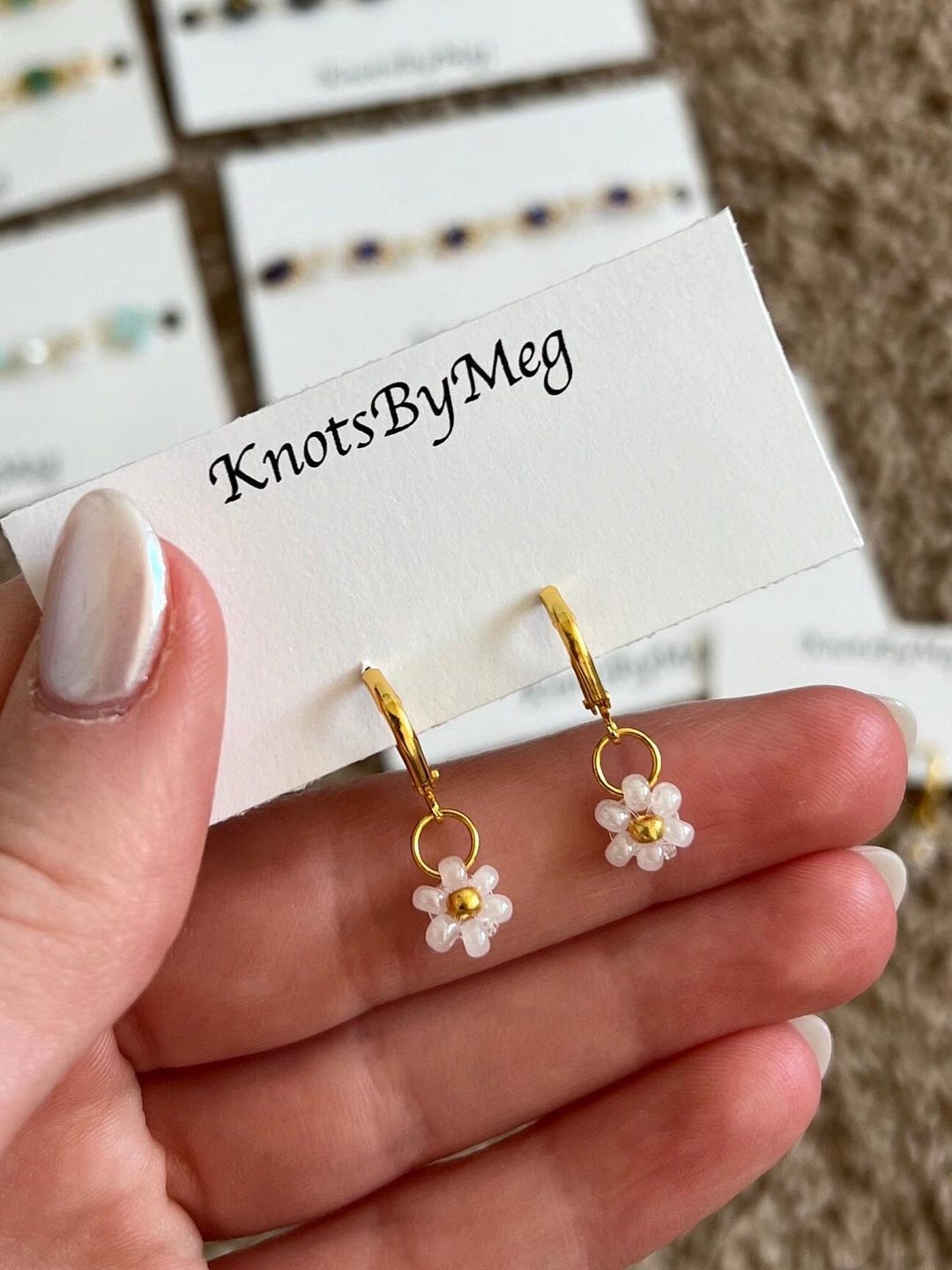 Beaded Flower Earrings White Daisy Hoop Earrings Gold Hoops Daisy Earrings Dainty Dangle ...