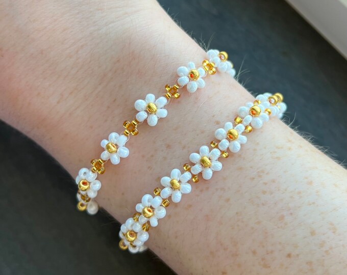 Beaded Flower Bracelet White Daisy Bracelet Set Gold Bracelet Seed Bead ...