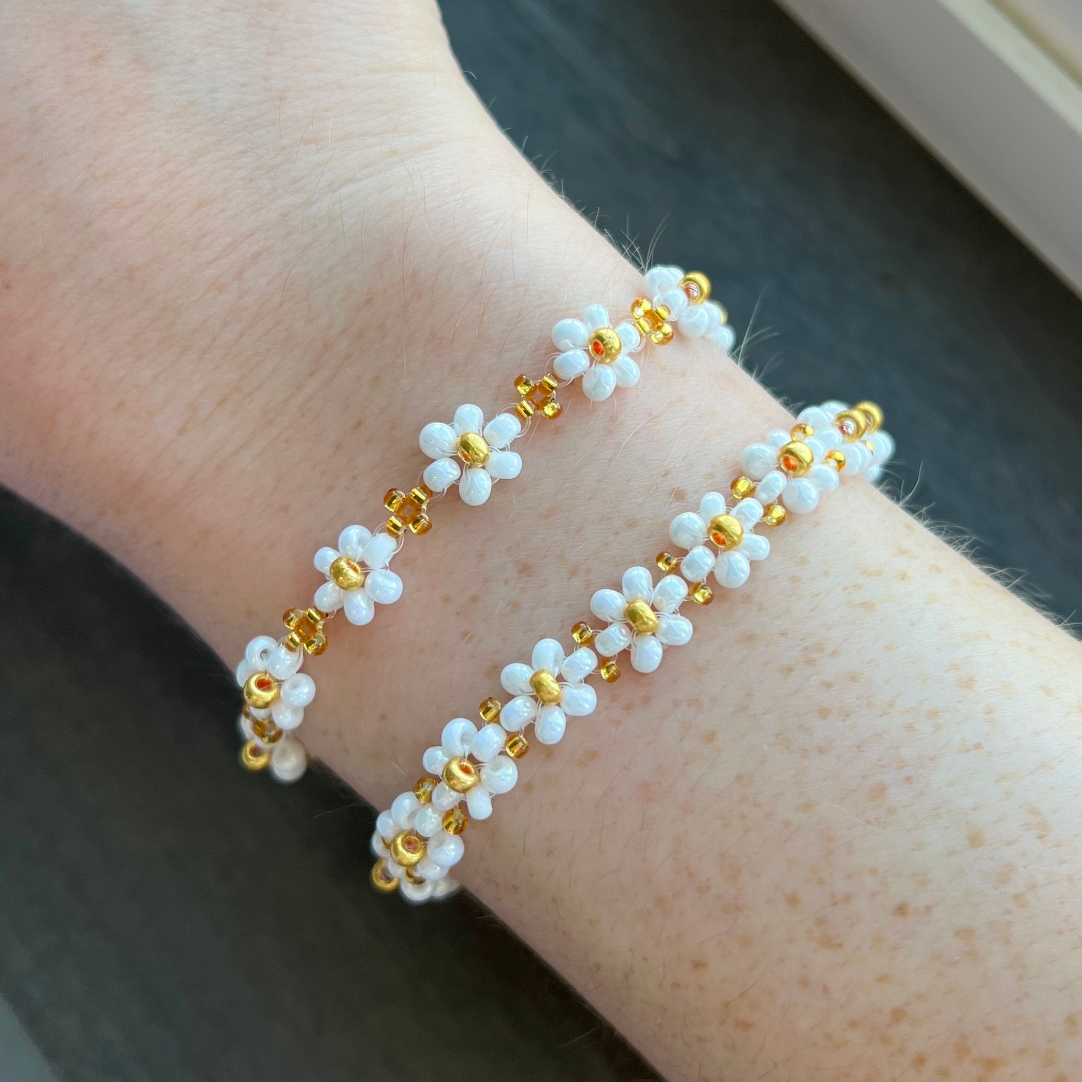 Beaded Flower Bracelet White Daisy Bracelet Set Gold Bracelet Seed Bead ...