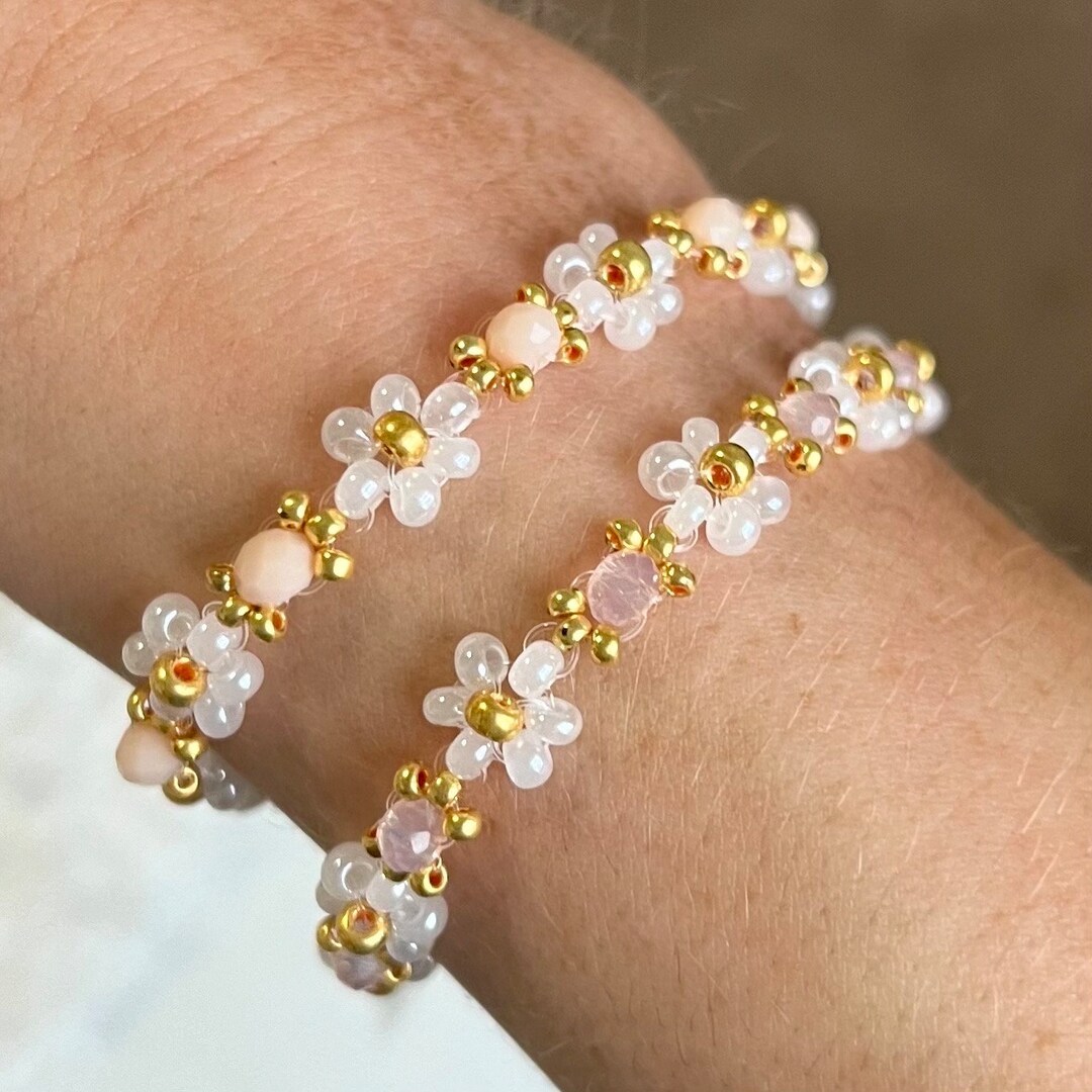 Handmade Beaded Bracelet Set Beaded Flower Bracelet Pink Seed Bead ...