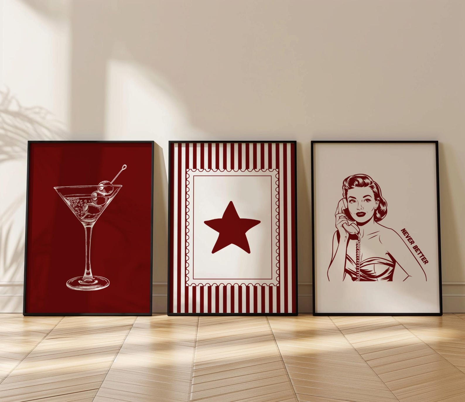 Red Retro Cocktail Print Set: Girly Dorm Bar Cart Decor (digital ...