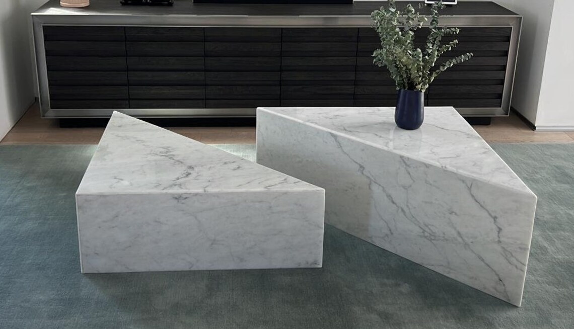 LARGE TRIANGLE BLOCK Marble Coffee Table set of 2 Calacatta Gold ...