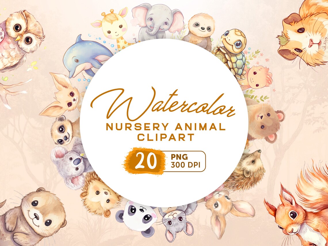 Watercolor Nursery Animal Clipart Bundle 20 PNG Files, Transparent ...