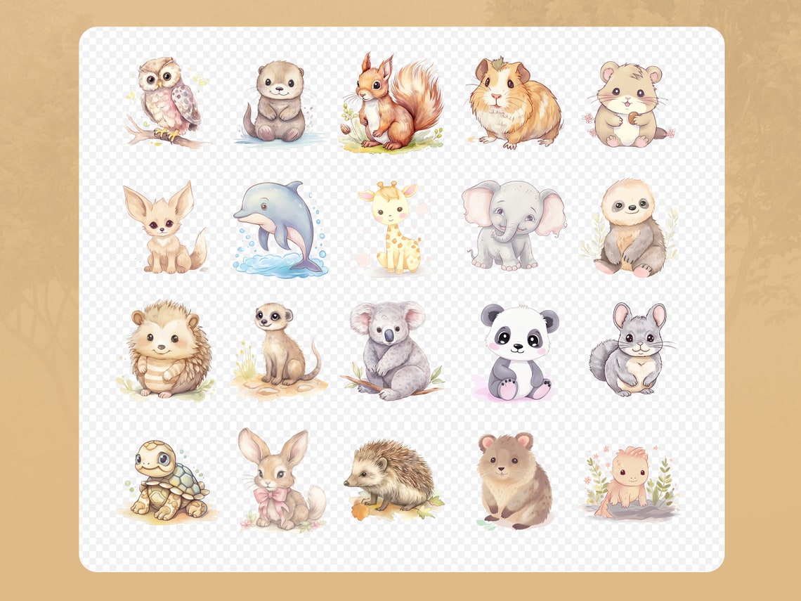 Watercolor Nursery Animal Clipart Bundle 20 PNG Files, Transparent ...