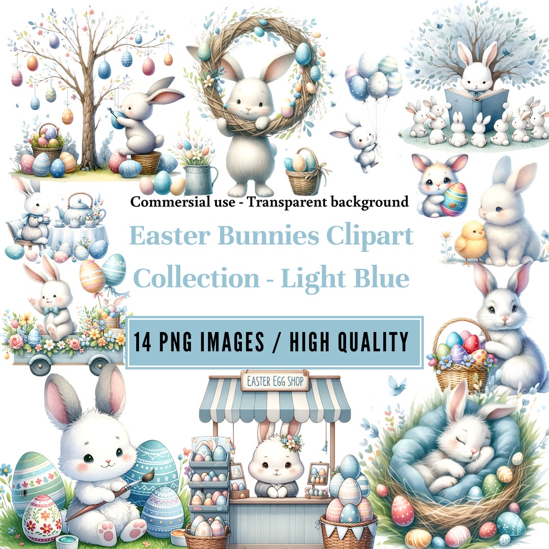 Easter Bunnies Clipart Bundle, Blue Watercolor Clipart Collection, Cute ...