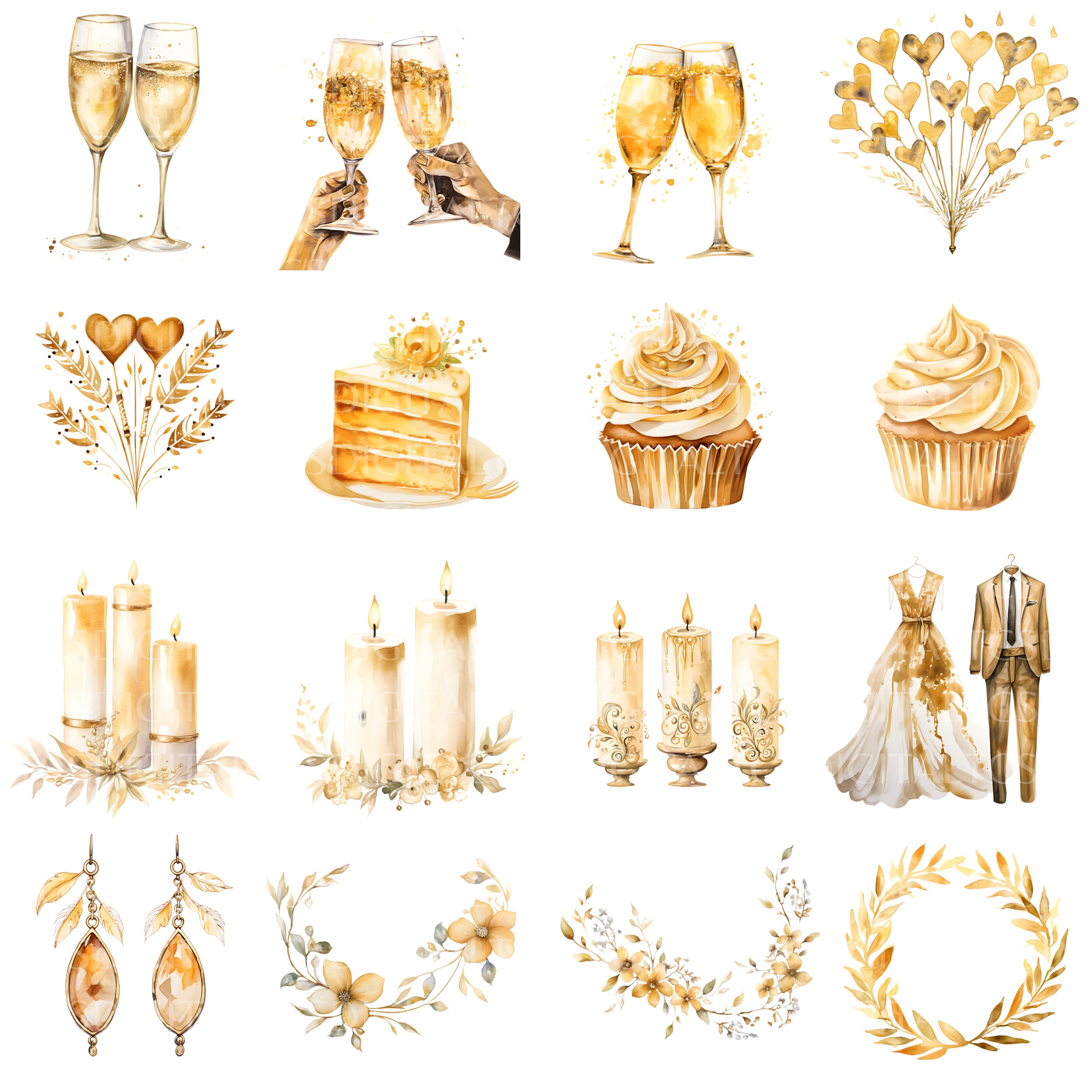 59 Watercolor Wedding Clipart Gold Themed, PNG, Digital Craft ...