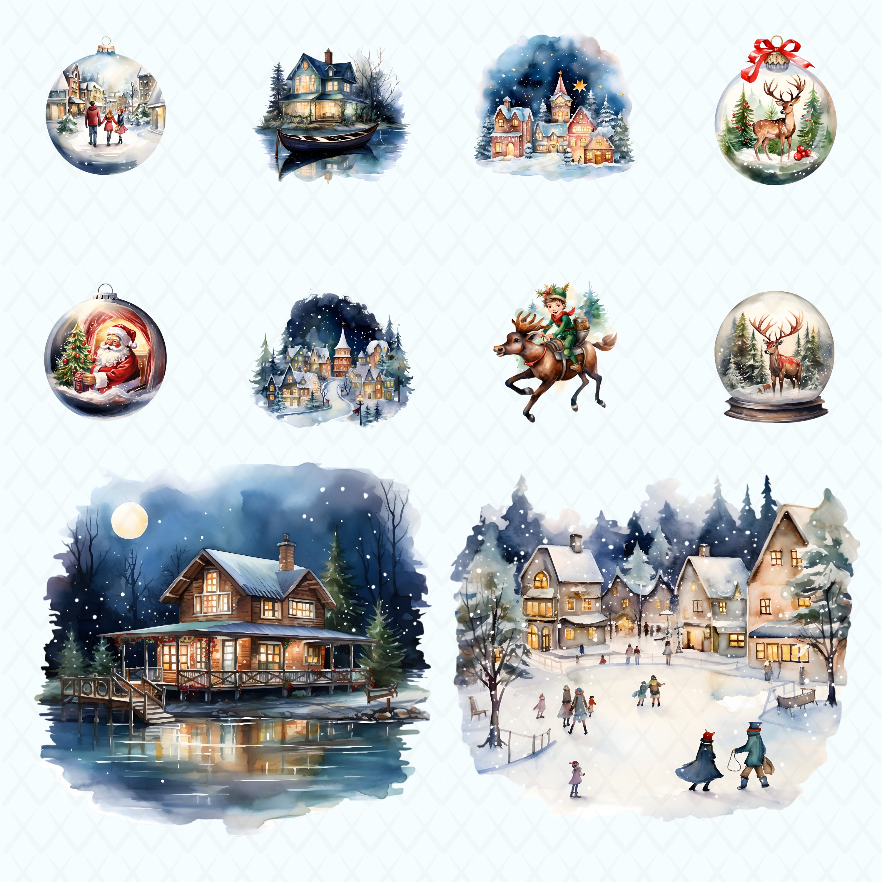 Watercolor Christmas Clipart Bundle. Snowglobes, Ornaments, Villages ...
