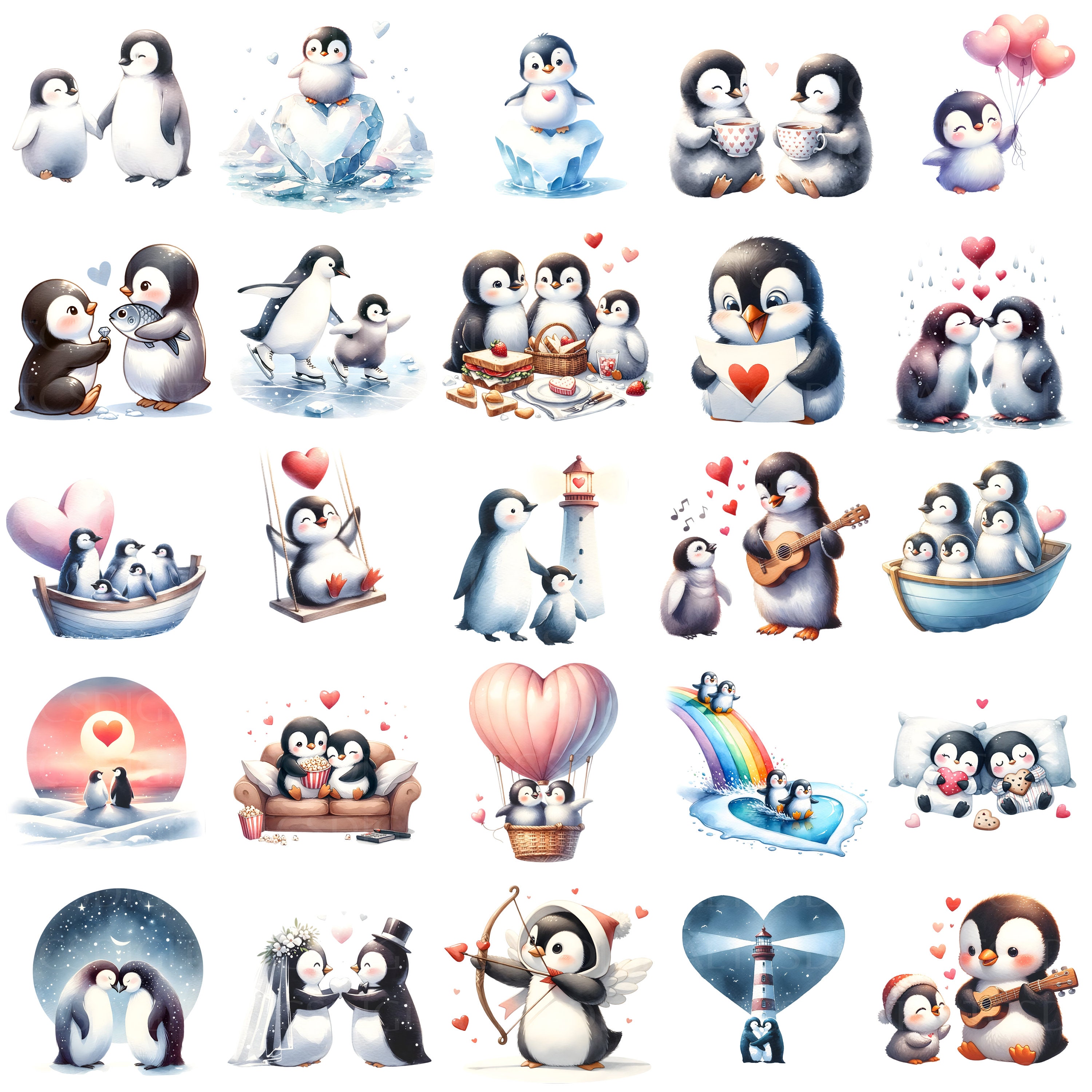 Love Penguin Clipart, Cute Valentine Penguins, 30 PNG Valentines ...