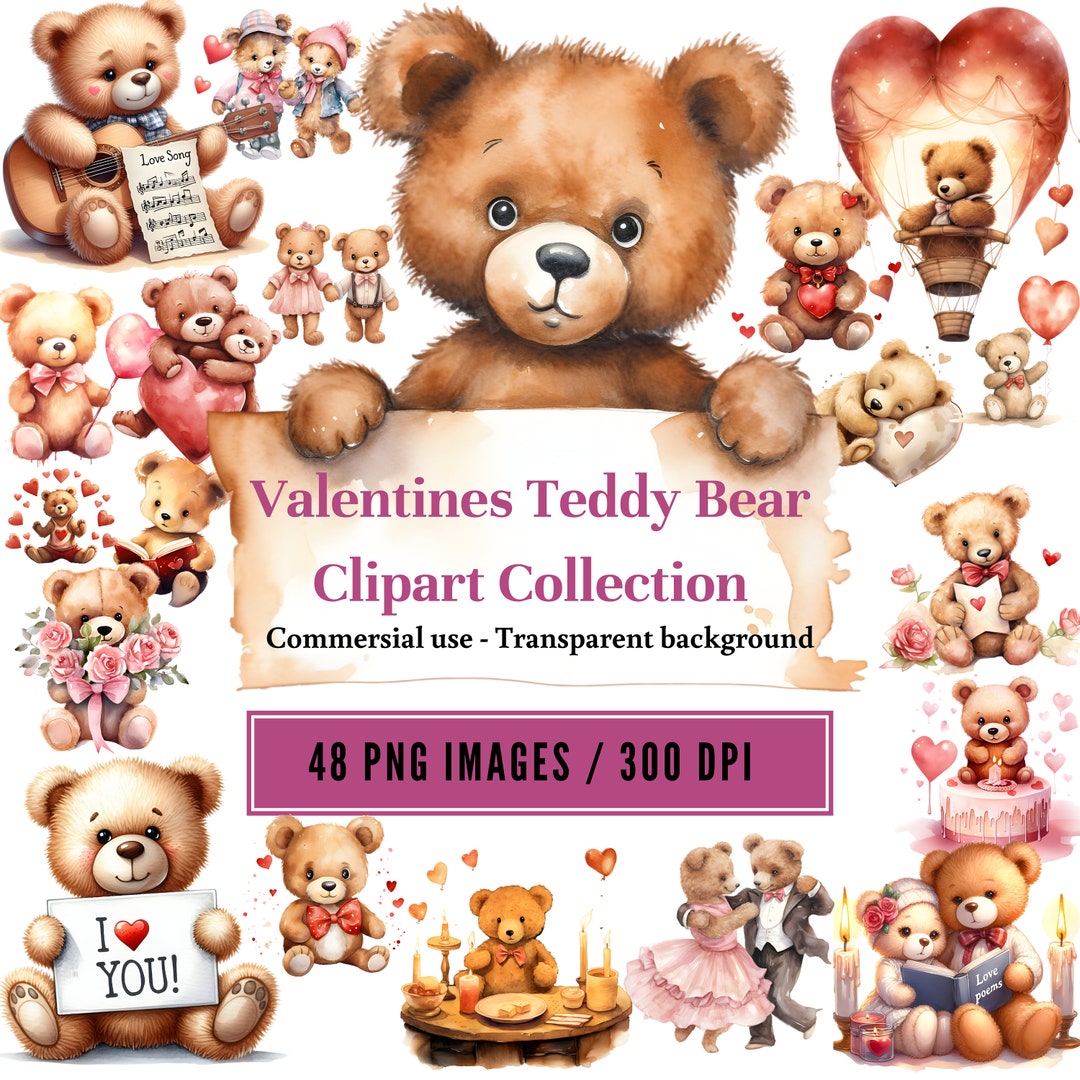 Watercolor Valentines Teddy Bear Clipart Collection, 48 PNG, Valentines ...
