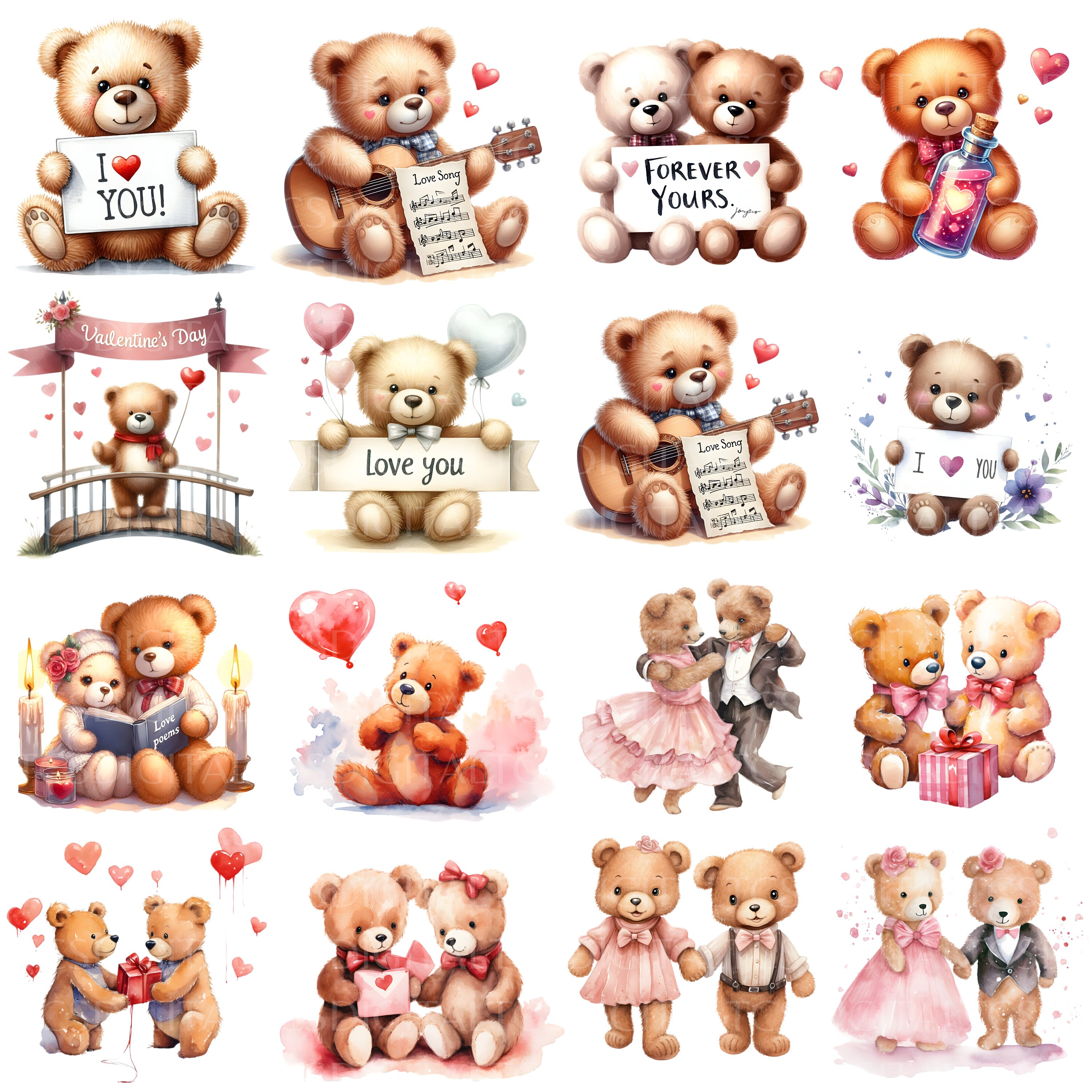 Watercolor Valentines Teddy Bear Clipart Collection, 48 PNG, Valentines ...