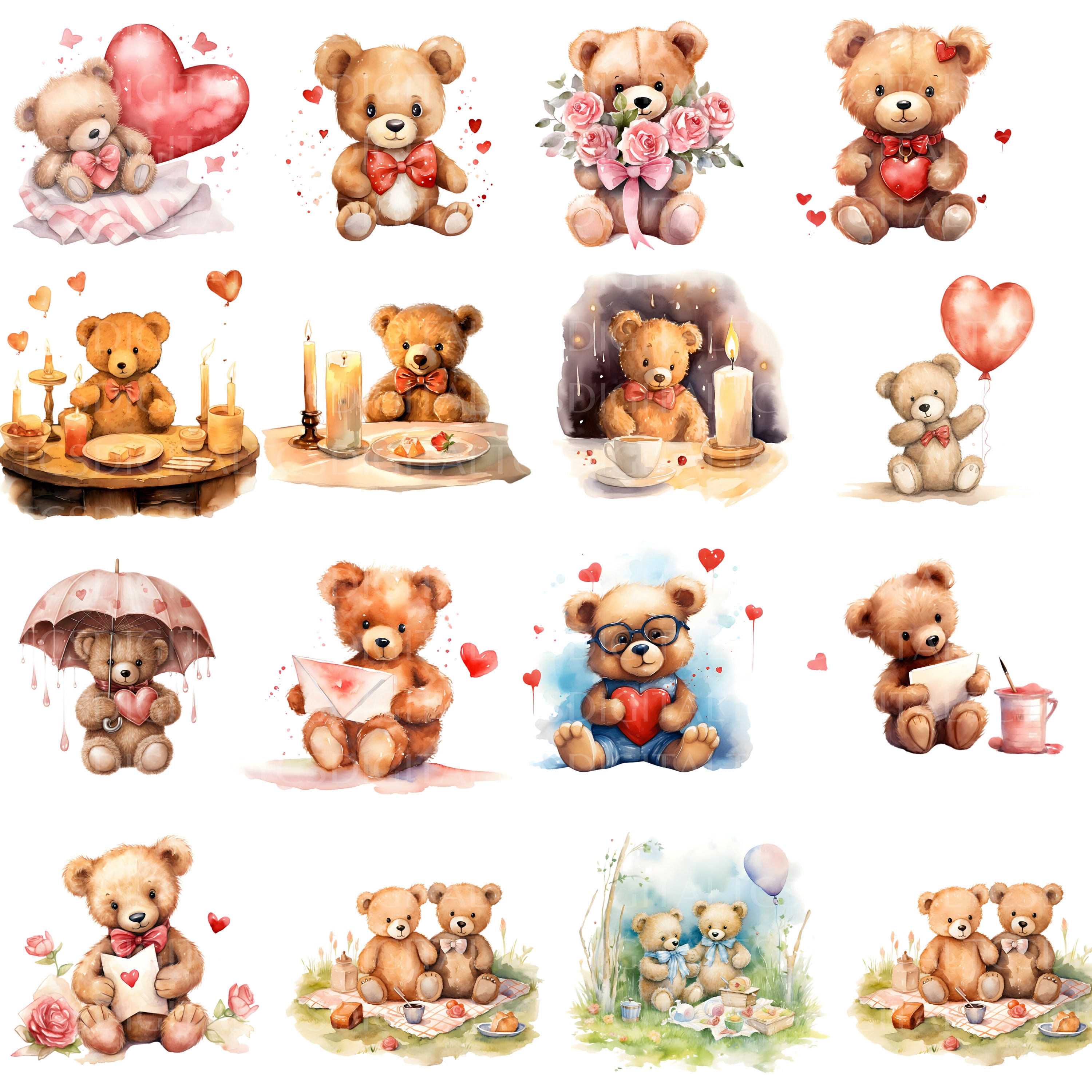 Watercolor Valentines Teddy Bear Clipart Collection, 48 PNG, Valentines ...