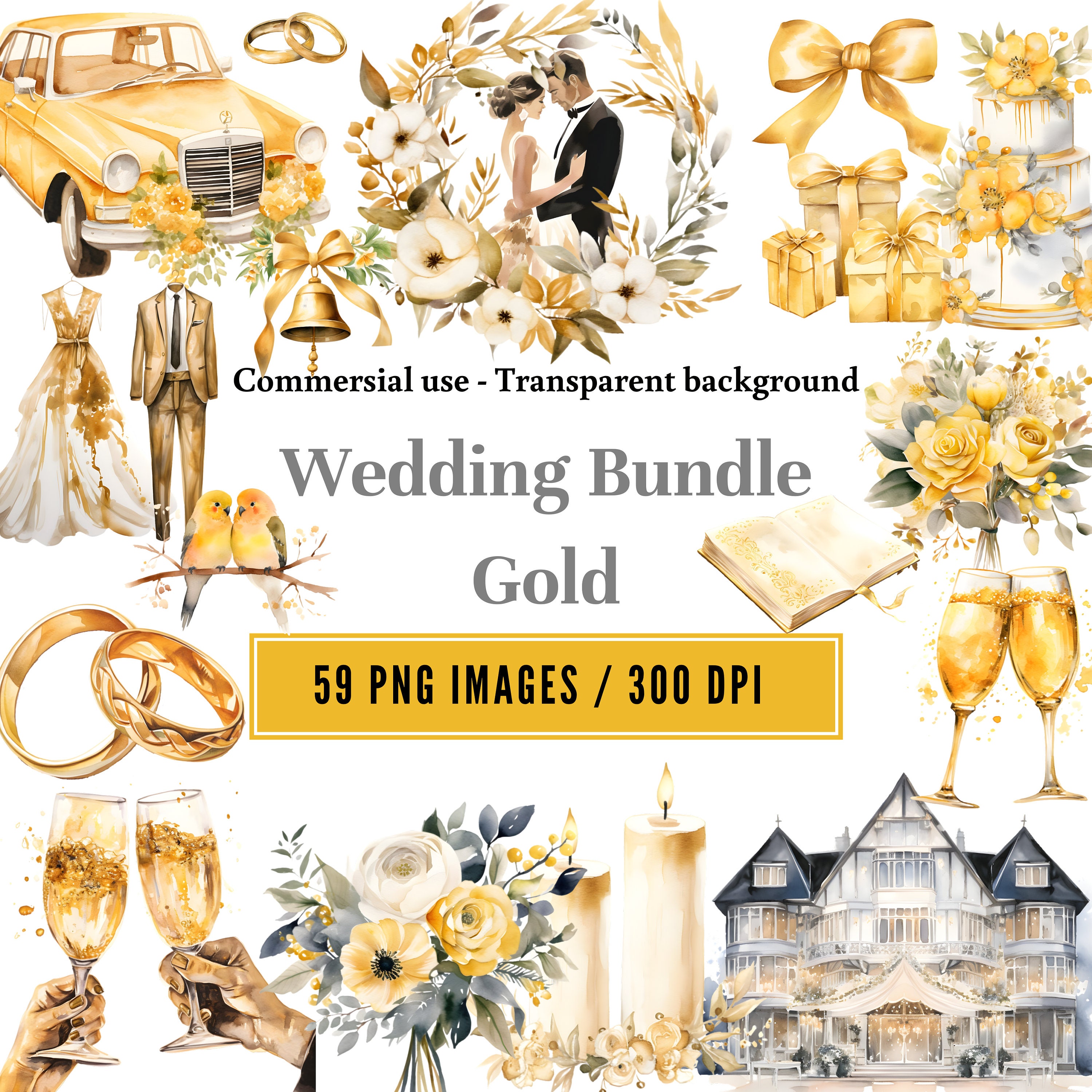 59 Watercolor Wedding Clipart Gold Themed, PNG, Digital Craft ...