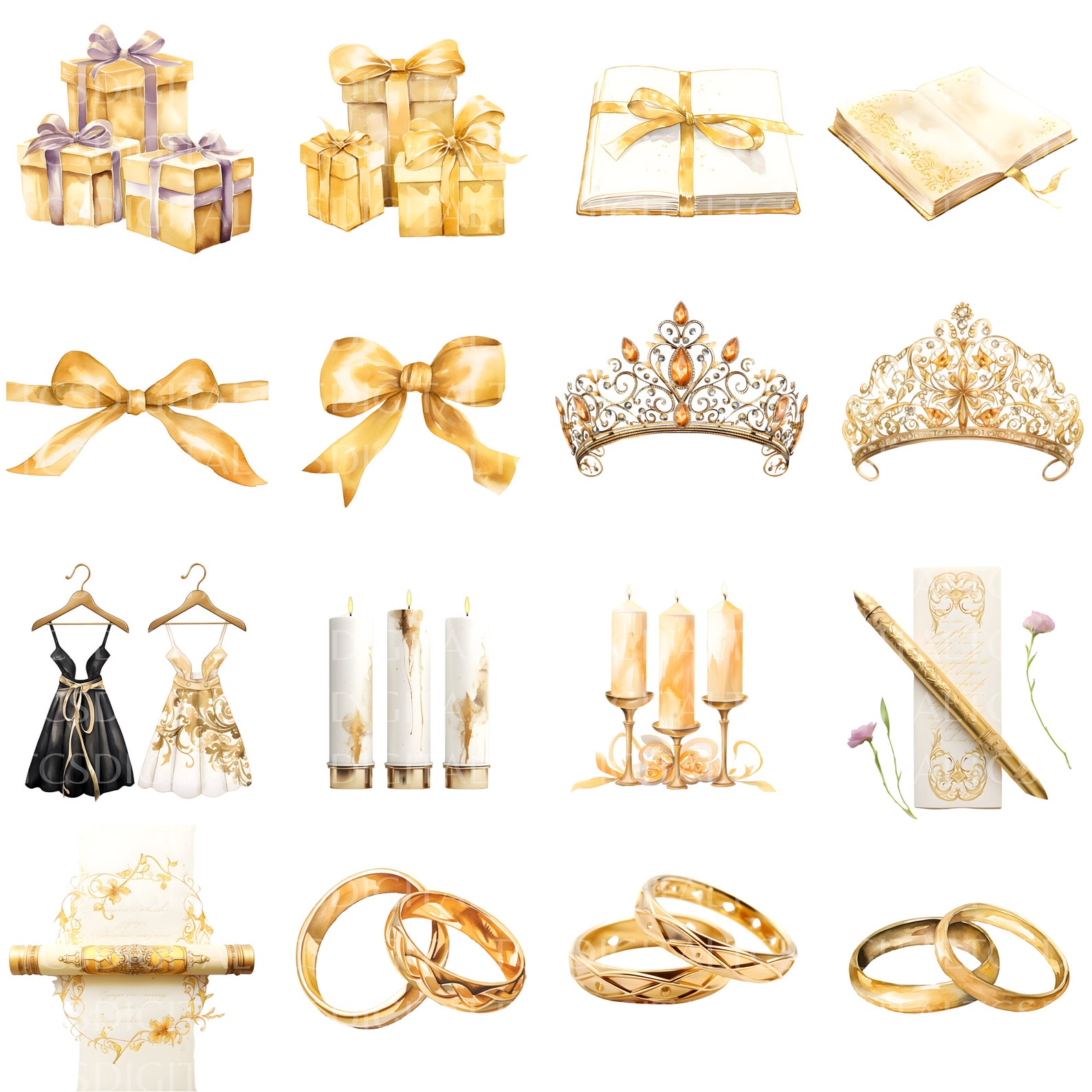 59 Watercolor Wedding Clipart Gold Themed, PNG, Digital Craft ...