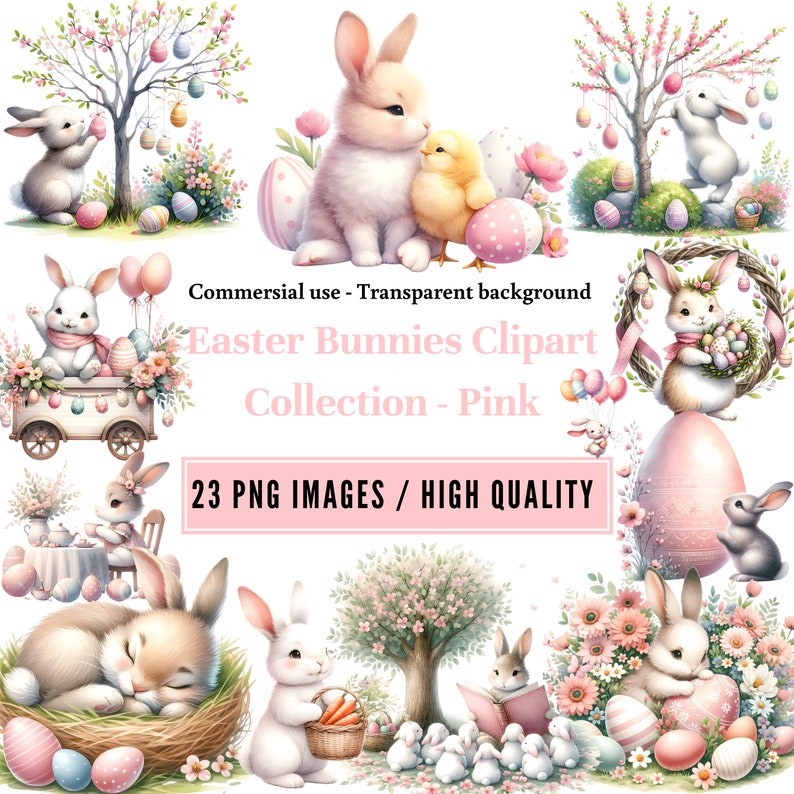 Easter Bunnies Clipart Bundle, Pink Easter Bunnies Watercolor Clipart ...