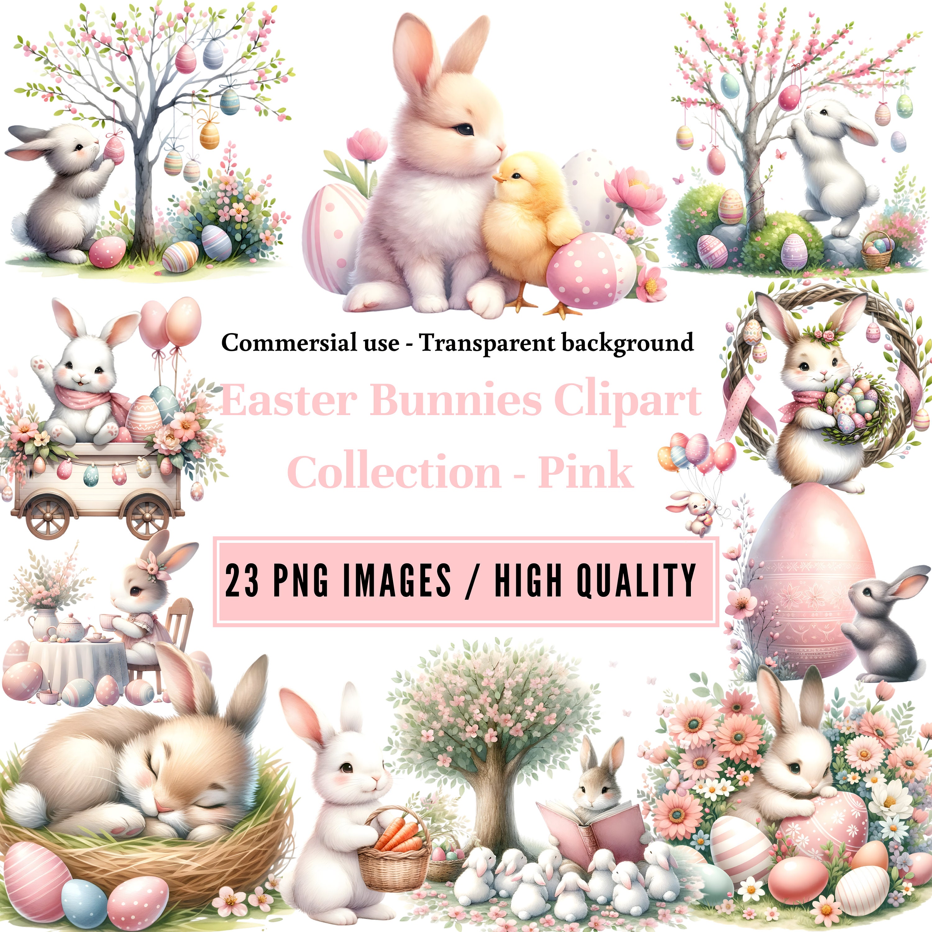 Easter Bunnies Clipart Bundle, Pink Easter Bunnies Watercolor Clipart ...