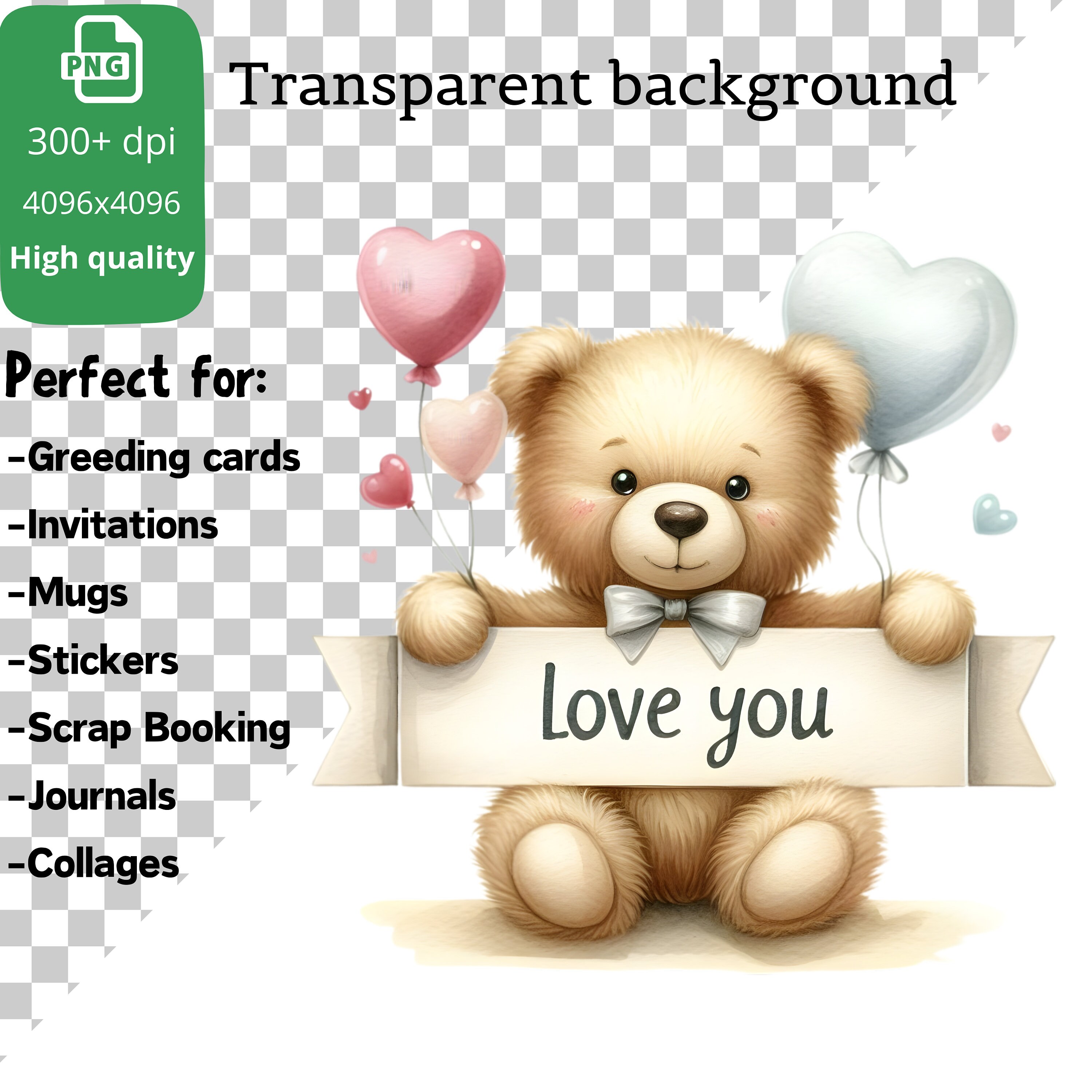 Watercolor Valentines Teddy Bear Clipart Collection, 48 PNG, Valentines ...