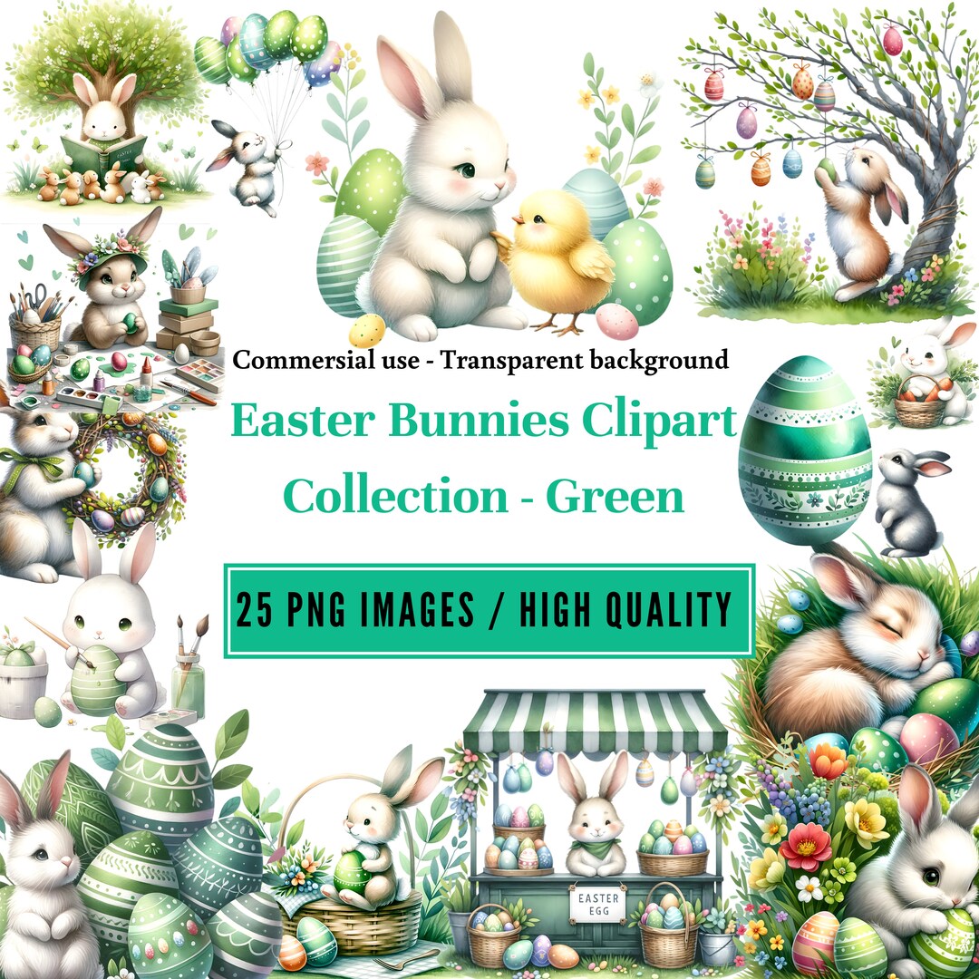 Easter Bunnies Clipart Bundle, Green Easter Bunnies Watercolor Clipart ...