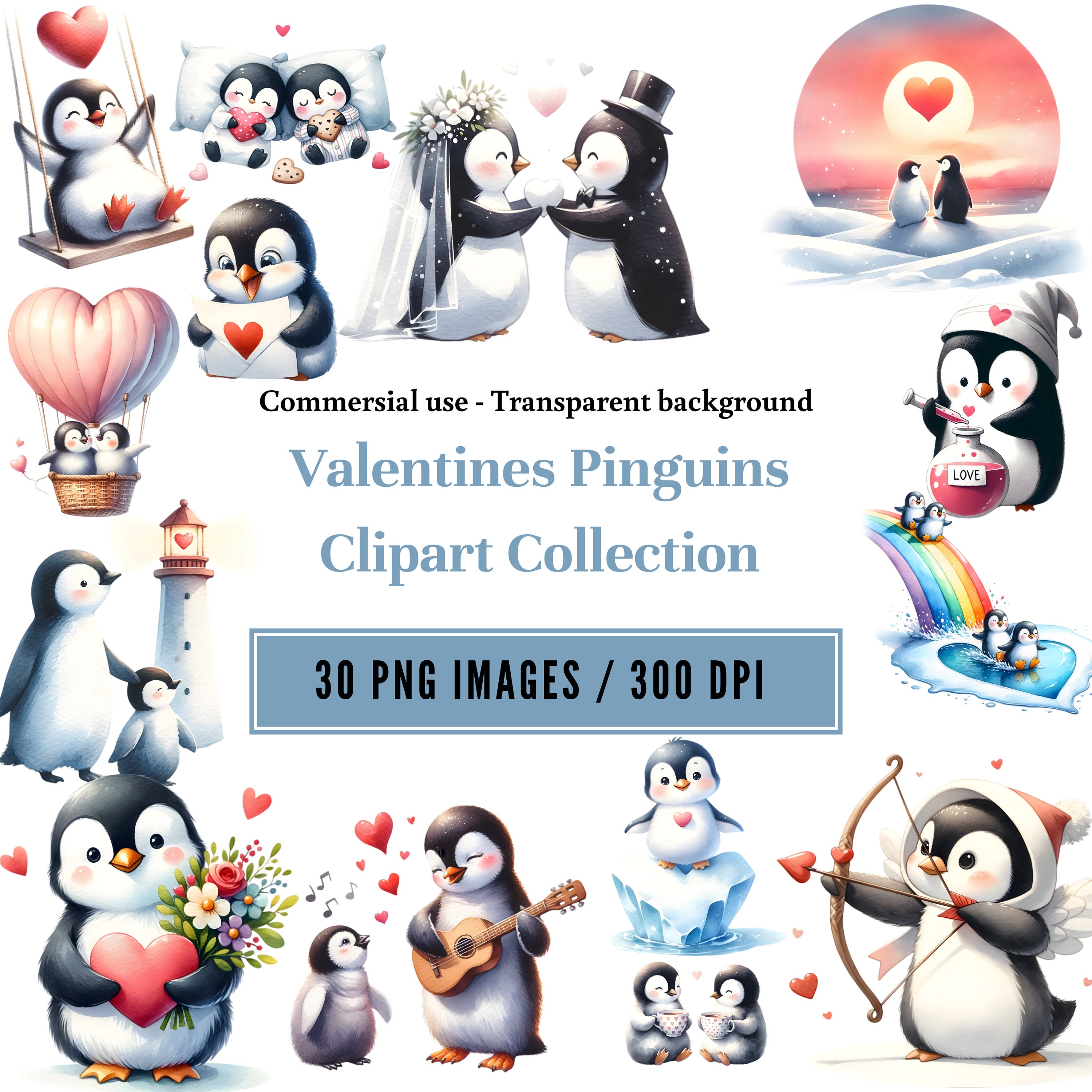 Love Penguin Clipart, Cute Valentine Penguins, 30 PNG Valentines ...