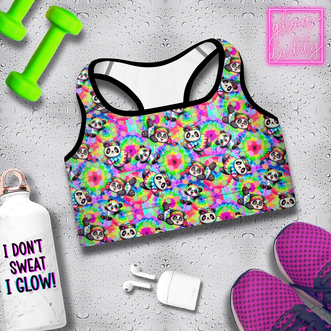 Tie Dye Stoner Pandas Padded Sports Bra, Stoner Panda UV Reactive ...