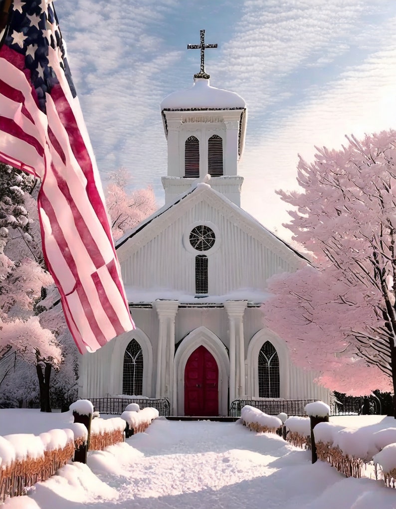 Patriotic Christian Art Church and American Flag - Etsy