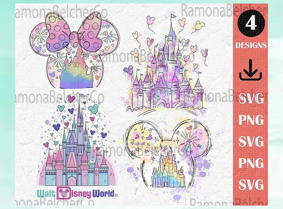 Bundle Watercolor Castle Png, Mouse Ear Castle Png, Retro Colorful ...