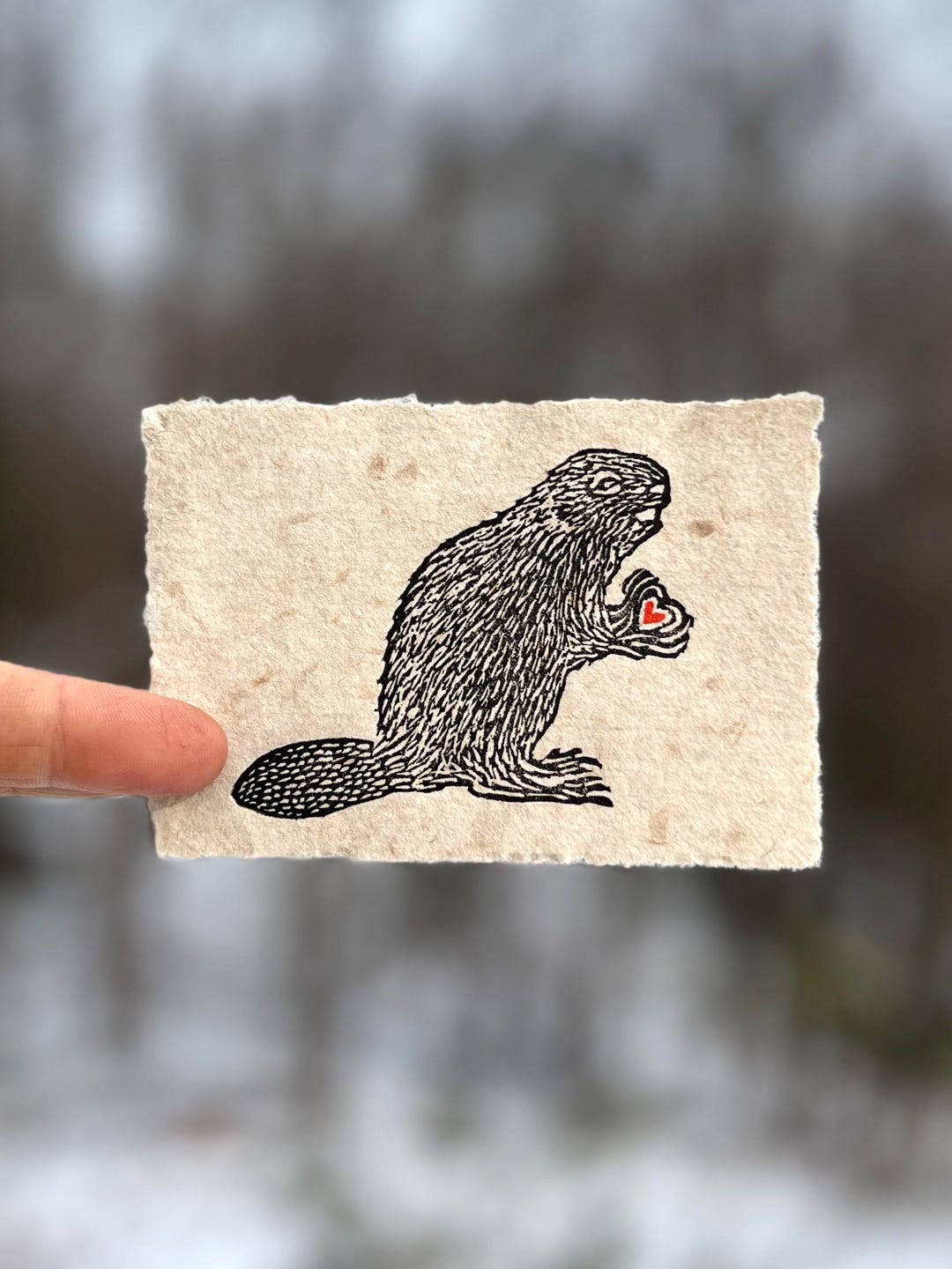 Beaver Block Print With Watercolor Heart - on Handmade Paper - Etsy