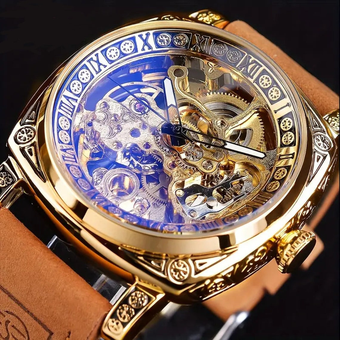 Men's Engraved Automatic Mechanical Watches, Retro Case Waterproof ...