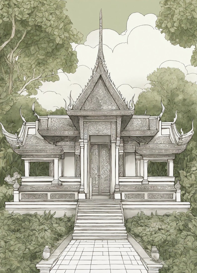 Thai Temple Coloring Page - Instant Download - Grayscale Coloring Page ...