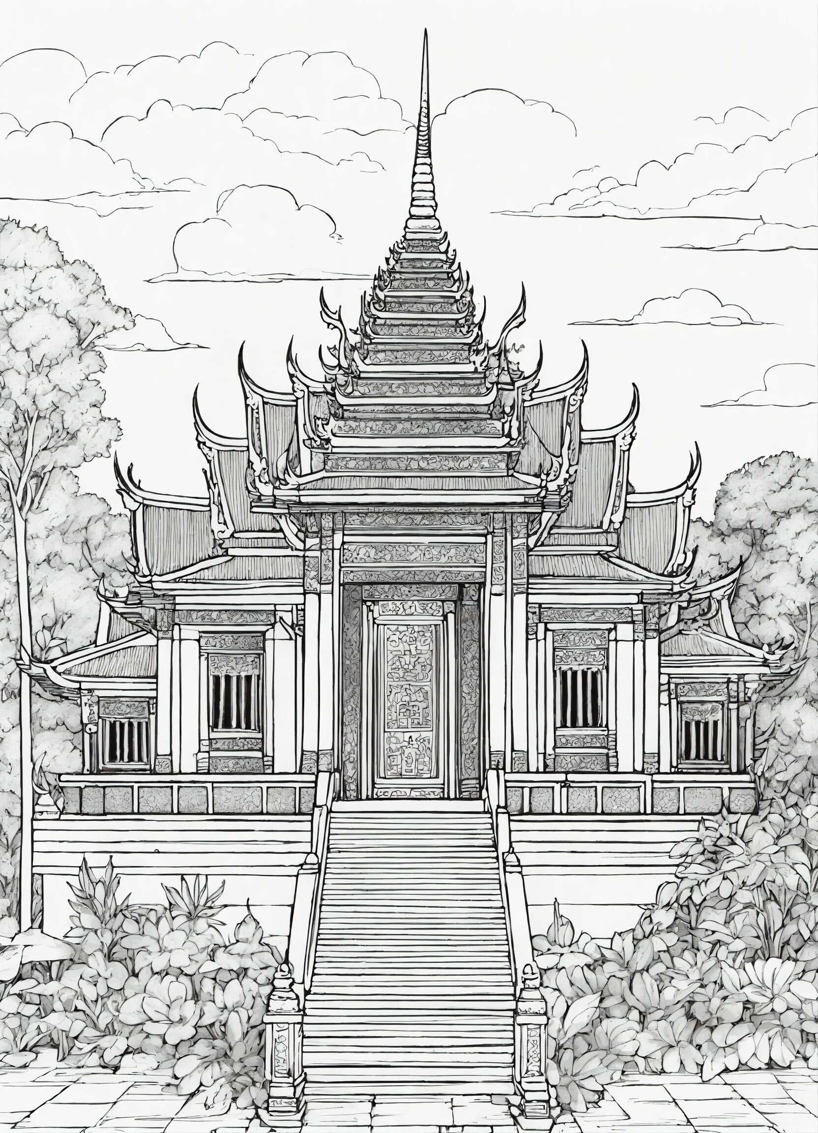 Thai Temple Coloring Page - Instant Download - Grayscale Coloring Page ...