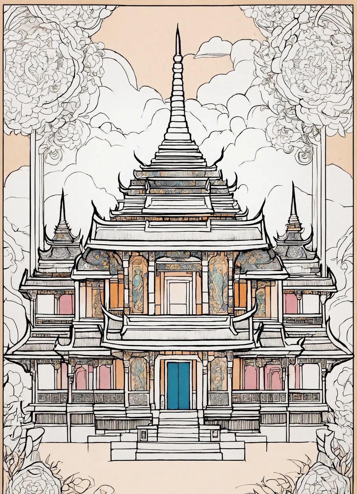 Thai Temple Coloring Page - Instant Download - Grayscale Coloring Page ...