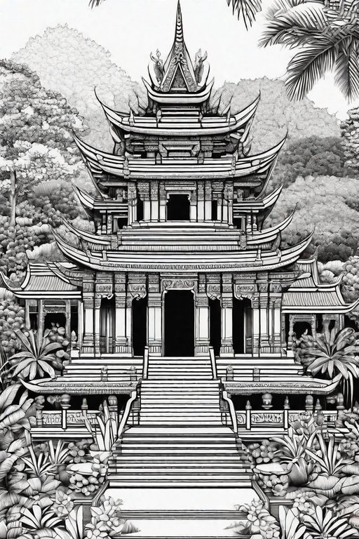 Thai Temple Coloring Page - Instant Download - Grayscale Coloring Page ...