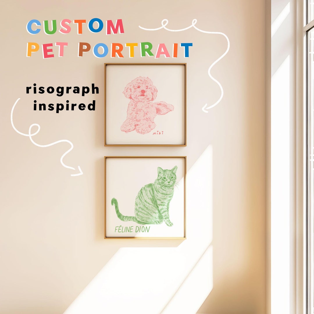 Custom Risograph Style Pet Portrait, Cute Dog and Cat Illustration ...