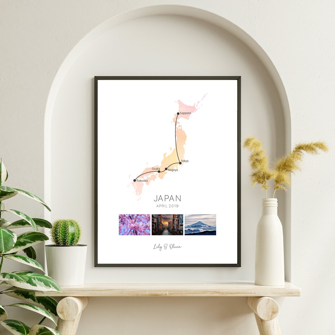 Japan Personalised Travel Map Route Map With Photos or Flag and ...