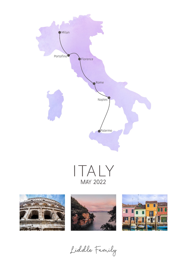 Italy Personalised Travel Map - Route Map With Photos or Flag and ...