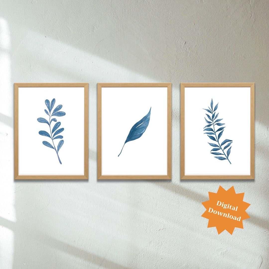 Set of 3 Modern Botanical Wall Art Blue Leaf Print Modern Botanical ...