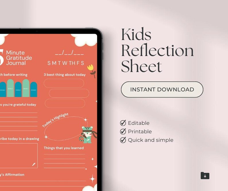 Daily Gratitude Sheet for Kids, Printable Gratitude and Reflection ...
