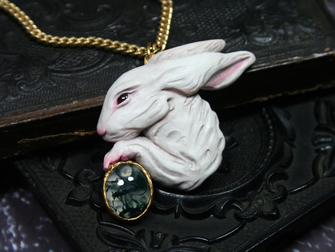 White Rabbit Sculpture Necklace With Moss Agate and Garnet, Hand ...