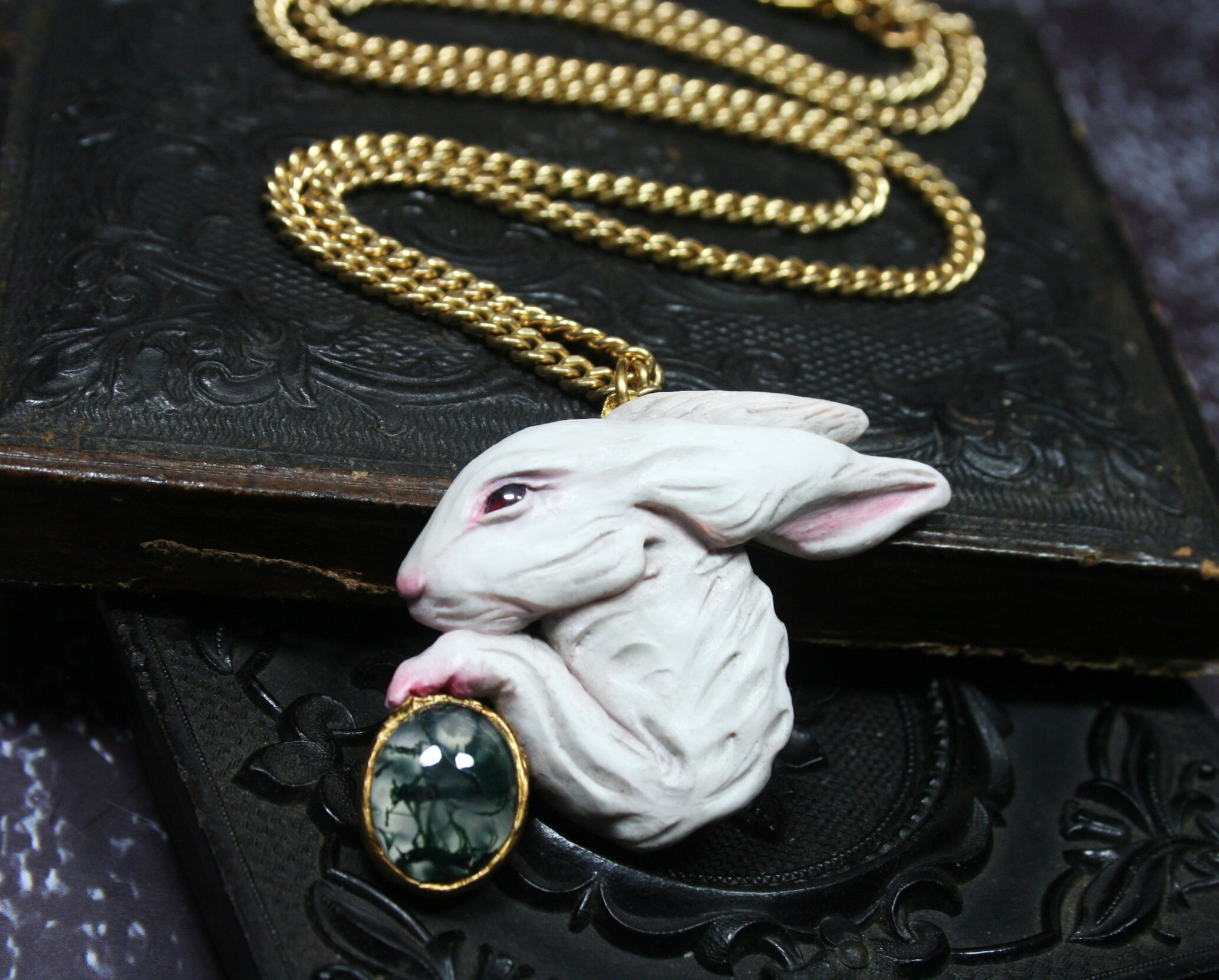 White Rabbit Sculpture Necklace With Moss Agate and Garnet, Hand ...
