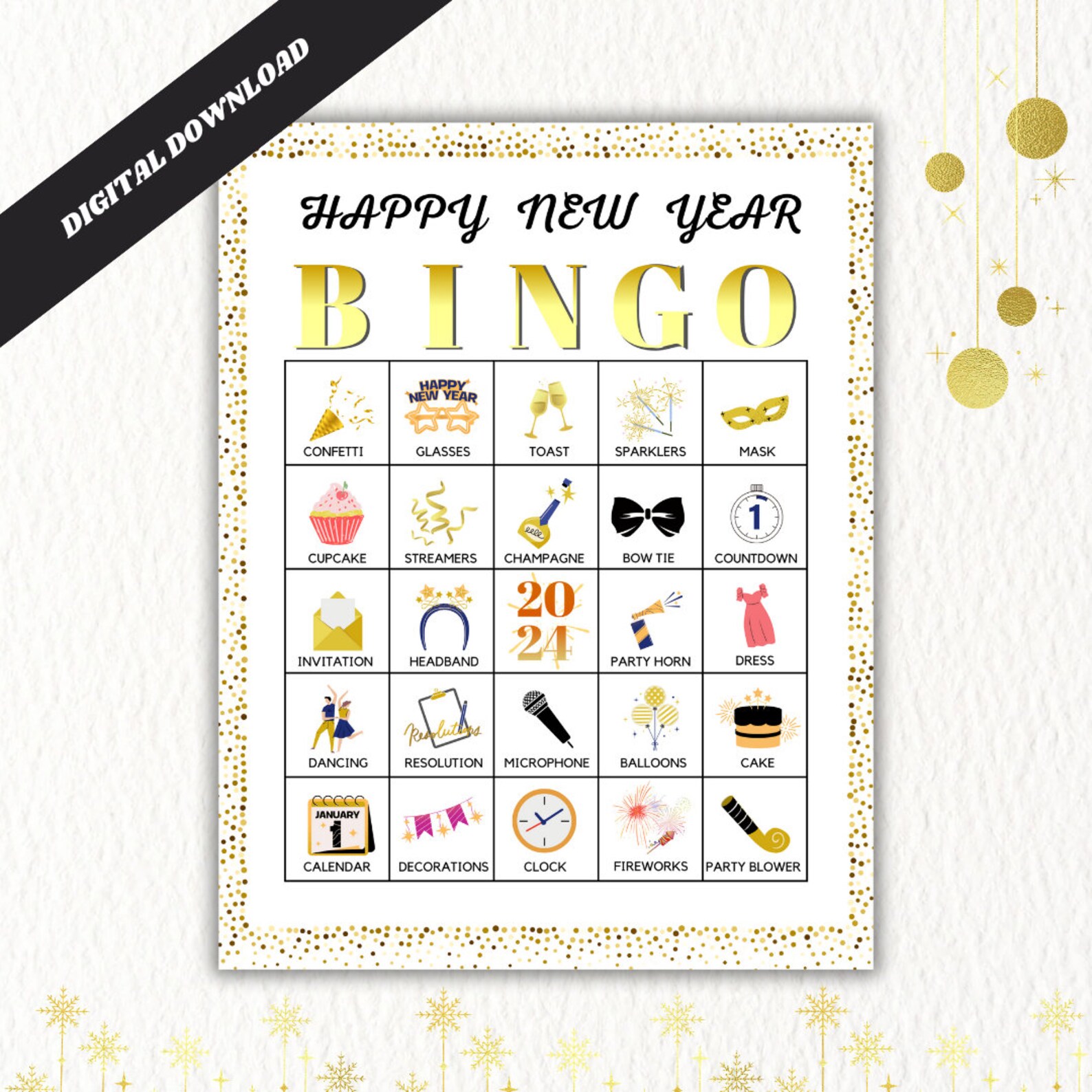 New Year's Eve 2024 Bingo Cards With Images 5x5 Grid PDF Printables ...