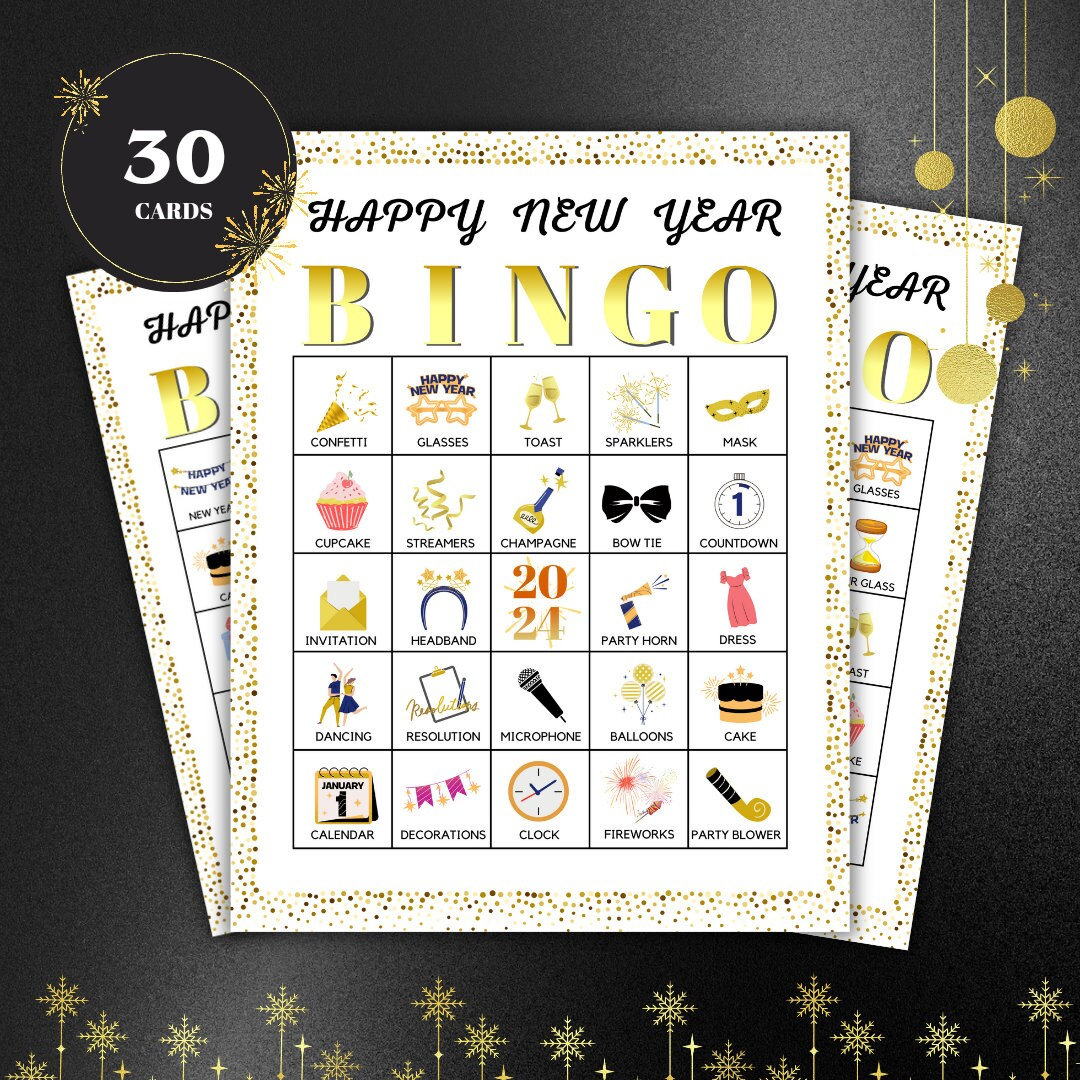 New Year's Eve 2024 Bingo Cards With Images 5x5 Grid PDF Printables ...