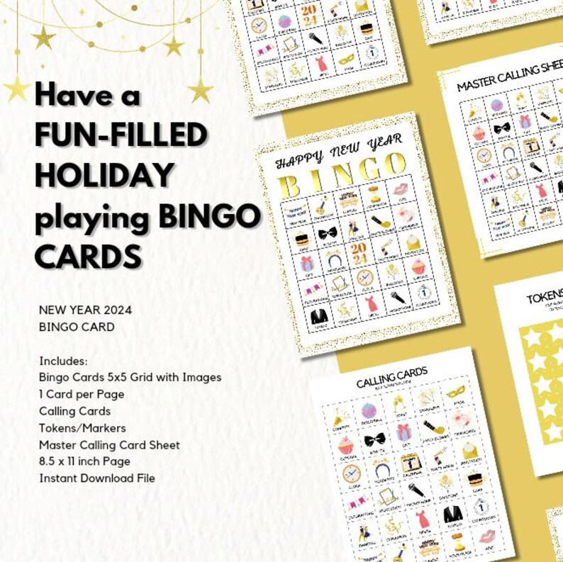 New Year's Eve 2024 Bingo Cards With Images 5x5 Grid PDF Printables ...