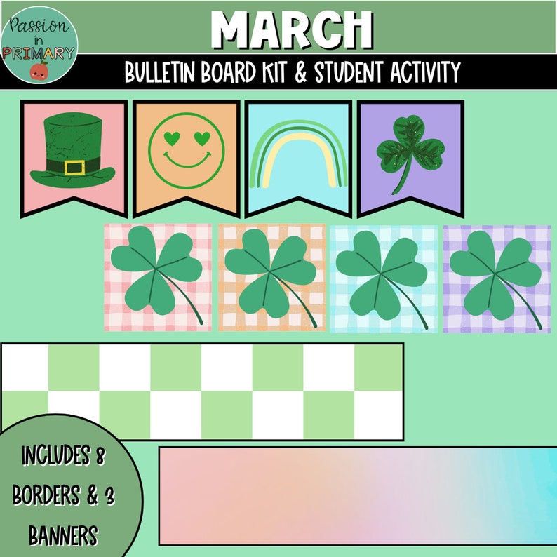 March Bulletin Board Kit Retro Rainbow Classroom Decor St Patrick's ...
