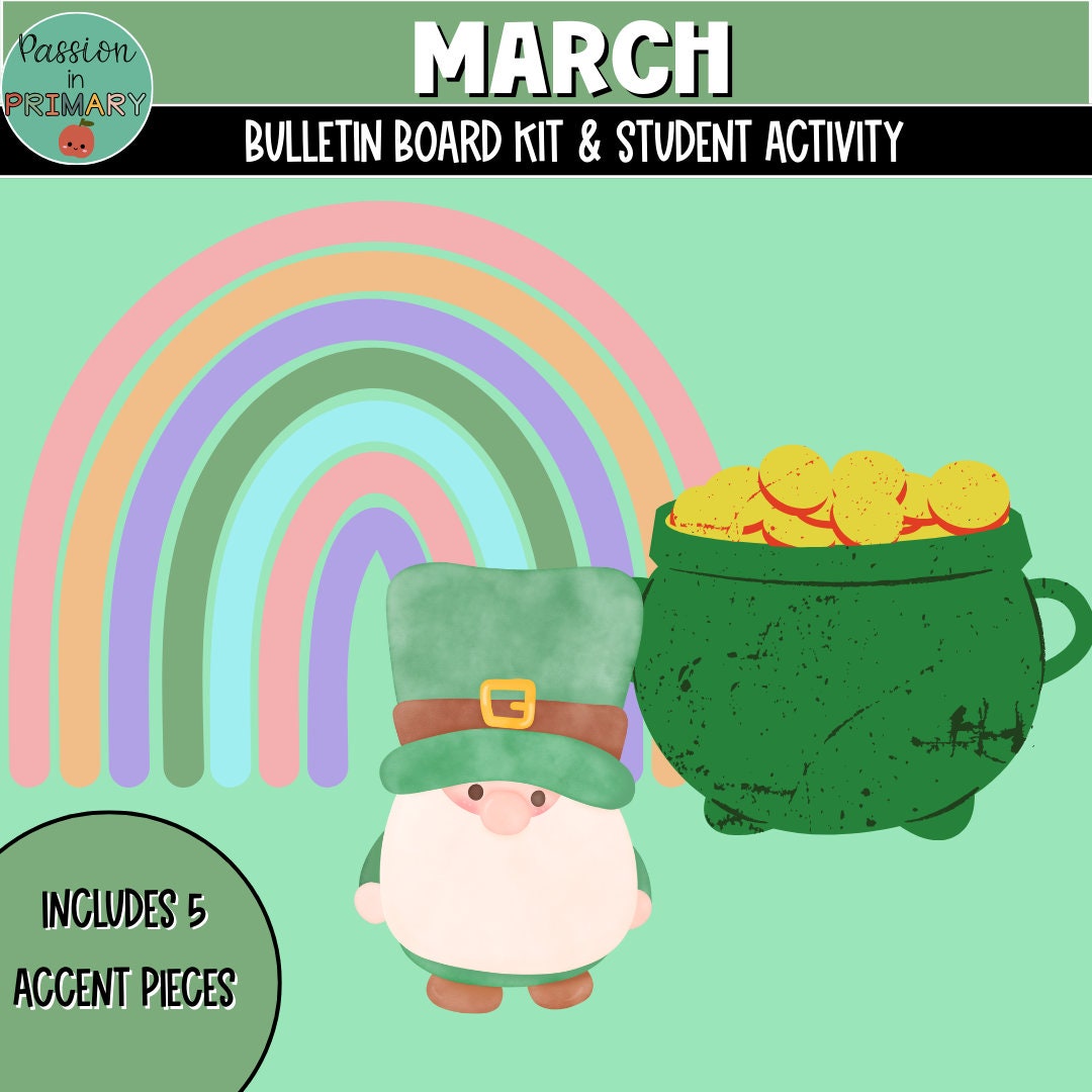 March Bulletin Board Kit Retro Rainbow Classroom Decor St Patrick's ...